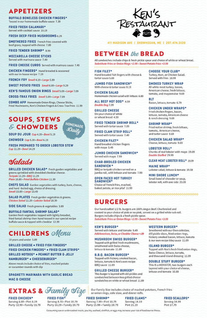 Menu – Ken's Restaurant ~ Skowhegan, Maine